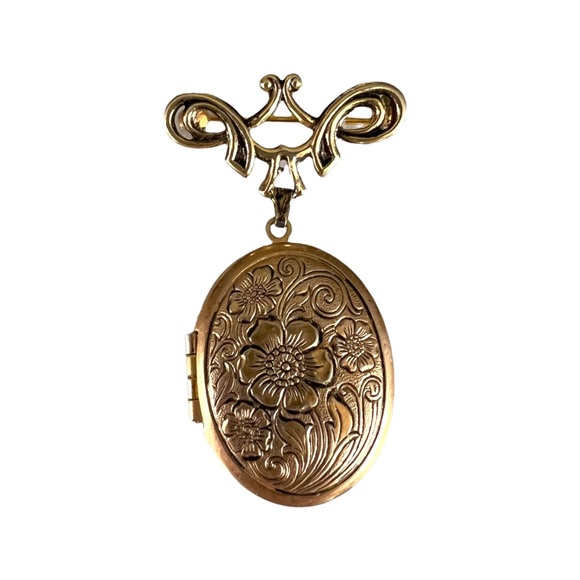 Vintage | Jewelry | Vintage Engraved Floral Locket Brooch Pin | Poshmark